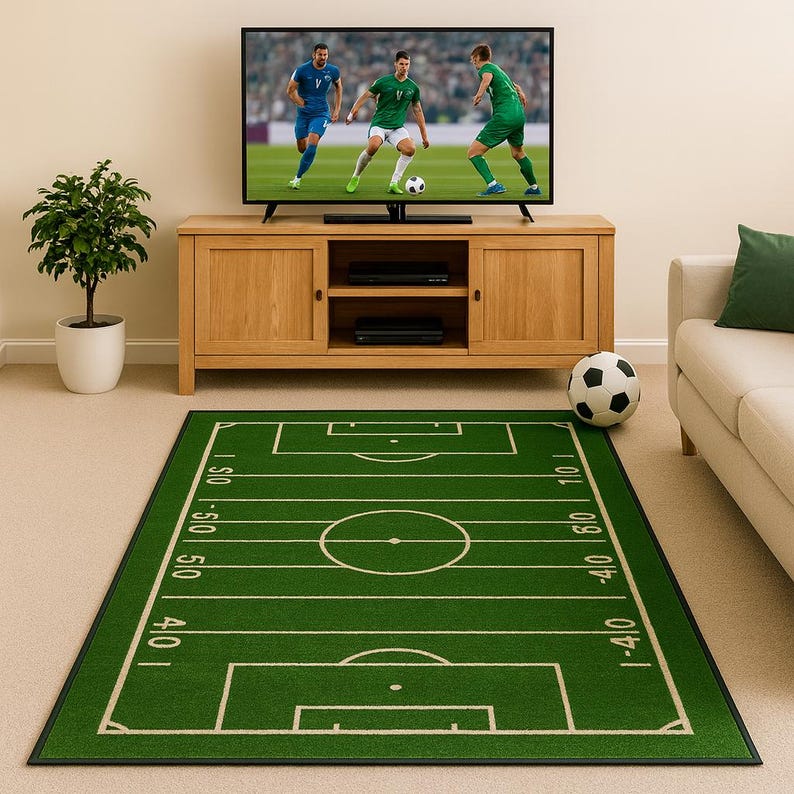 Football Field Kids Soccer Rug: Green Sport Play Mat for Nursery or ...