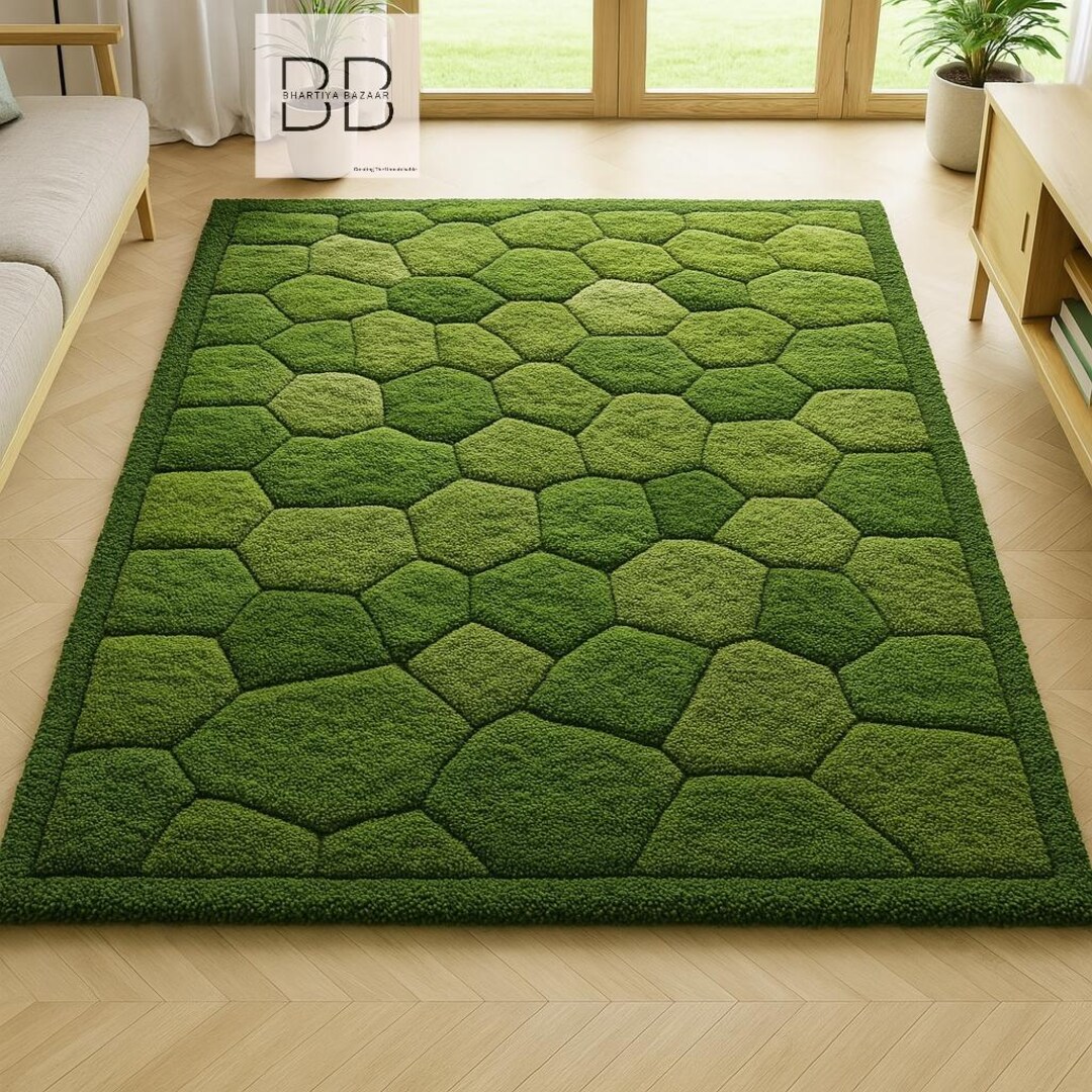 Moss Rug Green Rug Tufted Moss Rug – 3D Geometric Handmade Wool Area ...
