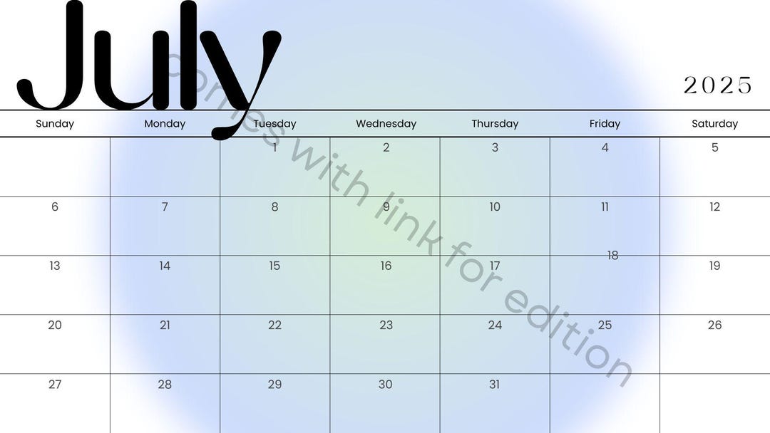 July Aura Calendar – Editable | Monday & Sunday Start | Multiple Colors ...