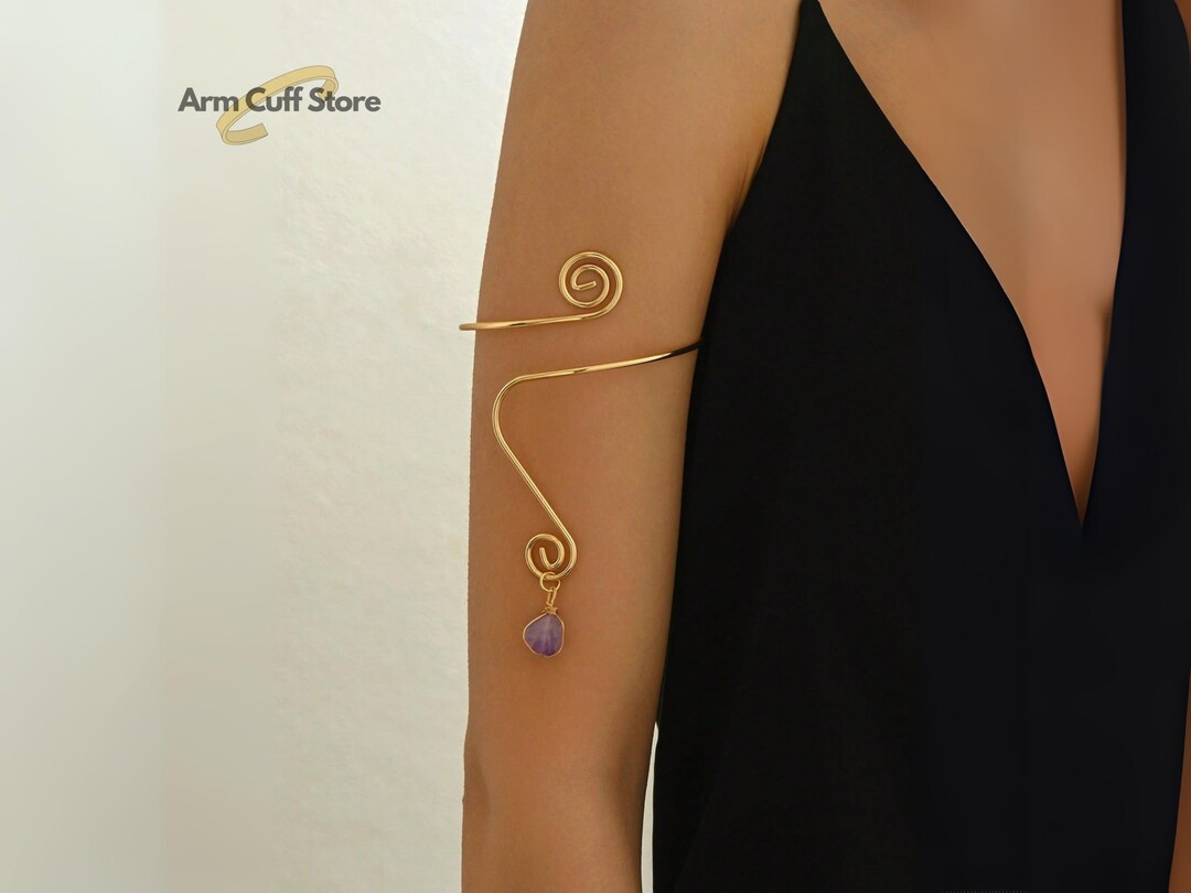 Gold Spiral Arm Cuff Bracelet With Amethyst Charm – Adjustable Goddess ...