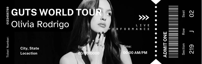 Olivia Rodrigo GUTS Tour Ticket | Canva Editable Template | Fan ...