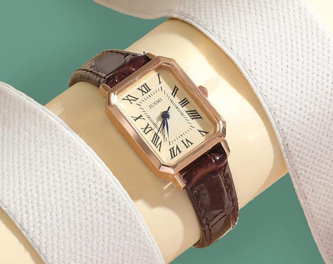 Vintage Rectangular Gold Watch for Women – Roman Numeral Dial – Elegant ...