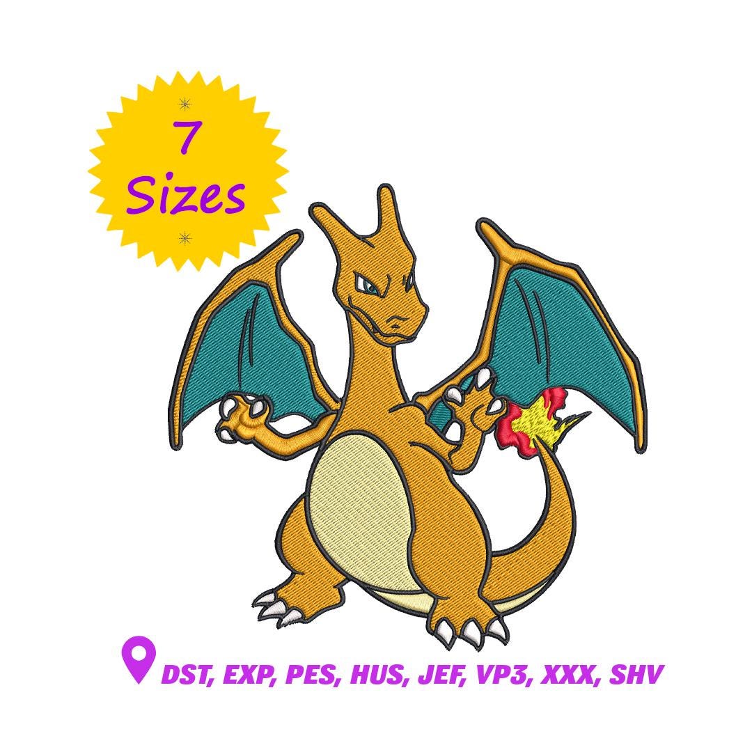 Charizard Embroidery Design, Fire Dragon Pokemon Machine Embroidery ...