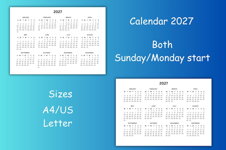 2027 Calendar Printable PDF Instant Download | Sunday and Monday Start ...