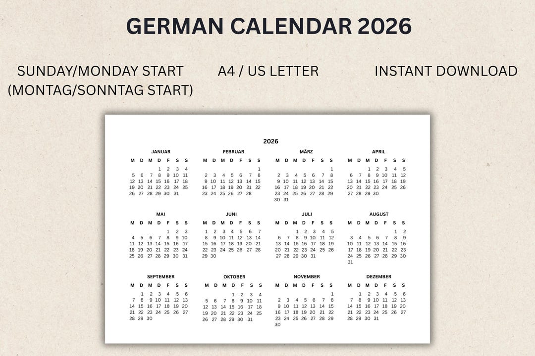 German Calendar 2026 Printable PDF Instant Download Landscape | Sunday ...