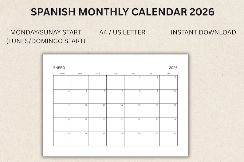 Spanish 2026 Monthly Calendar Printable | A4, US Letter (PDF) - Etsy