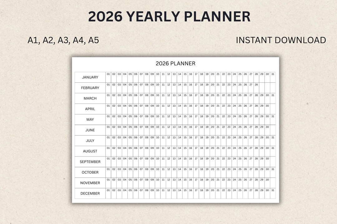 Yearly Planner on 1 Page, Yearly Wall Planner, Year at a Glance, Yearly ...