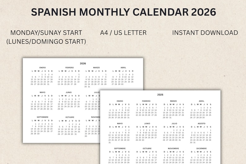 Spanish Calendar 2026 Printable PDF PNG Instant Download Landscape ...