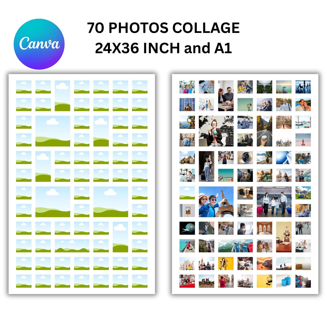 70 Photo Collage Template, Large Printable Photo Grid (24x36 INCH, A1 ...