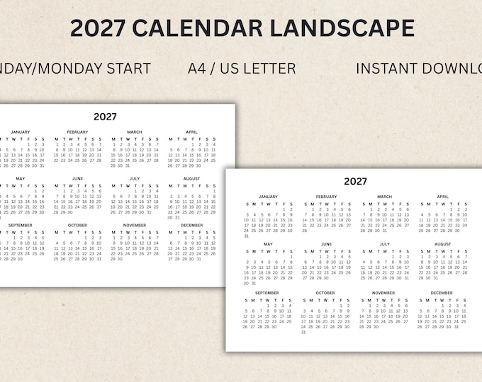 2027 Yearly Calendar: Landscape Planner, A4/letter Size (printable PDF ...
