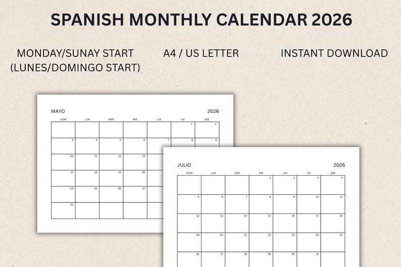 Spanish 2026 Monthly Calendar Printable | A4, US Letter (PDF) - Etsy