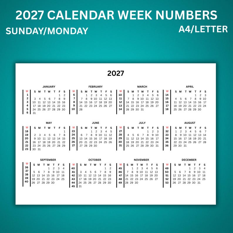 2027 Calendar With Week Numbers Printable PDF Instant Download | Sunday ...