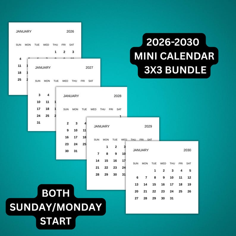 2026-2030 Printable Mini Calendar, 3x3 Inch Monthly Planner Instant ...