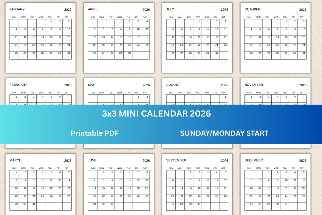 2026 Mini Calendar, 3x3 Inch Monthly Planner (printable PDF) - Etsy