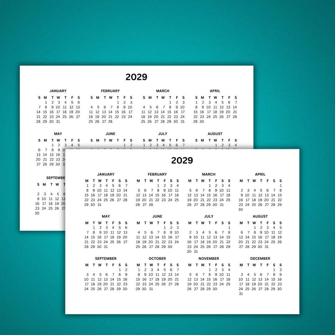 2029 Monthly Calendar Sunday/monday Start Printable A4 and US Letter - Etsy