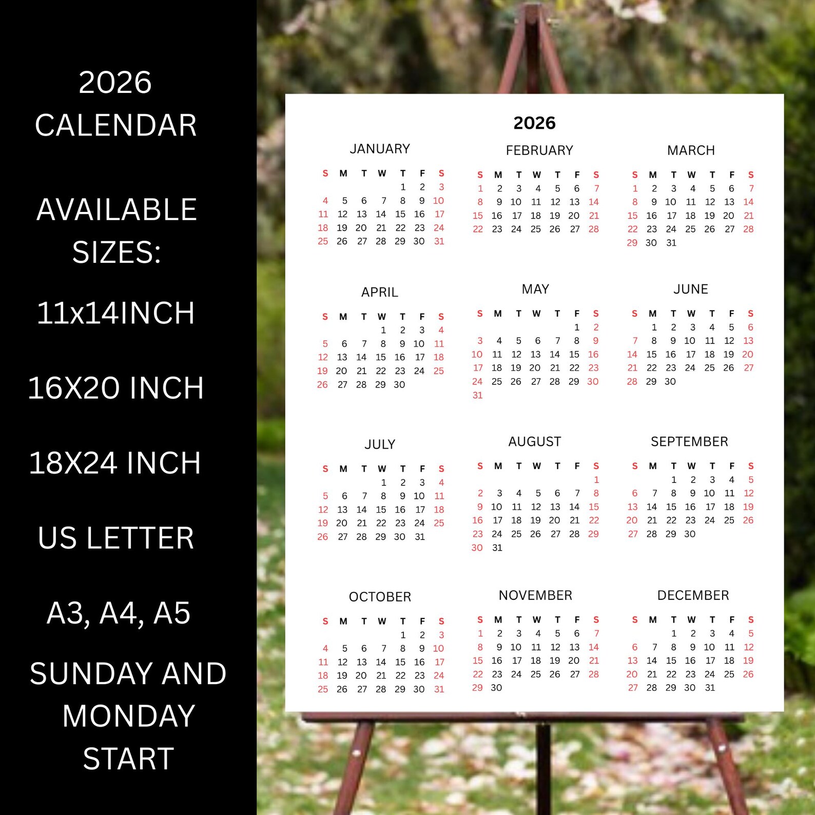 Minimalist 2026 Calendar Poster Printable With Saturday and Sunday ...