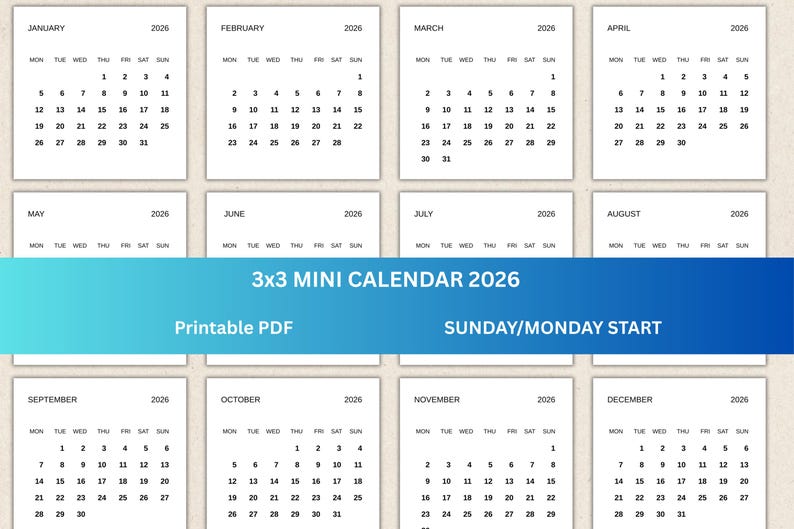 2026 Mini Calendar, 3x3 Inch, Printable PDF (sunday/monday Start) - Etsy