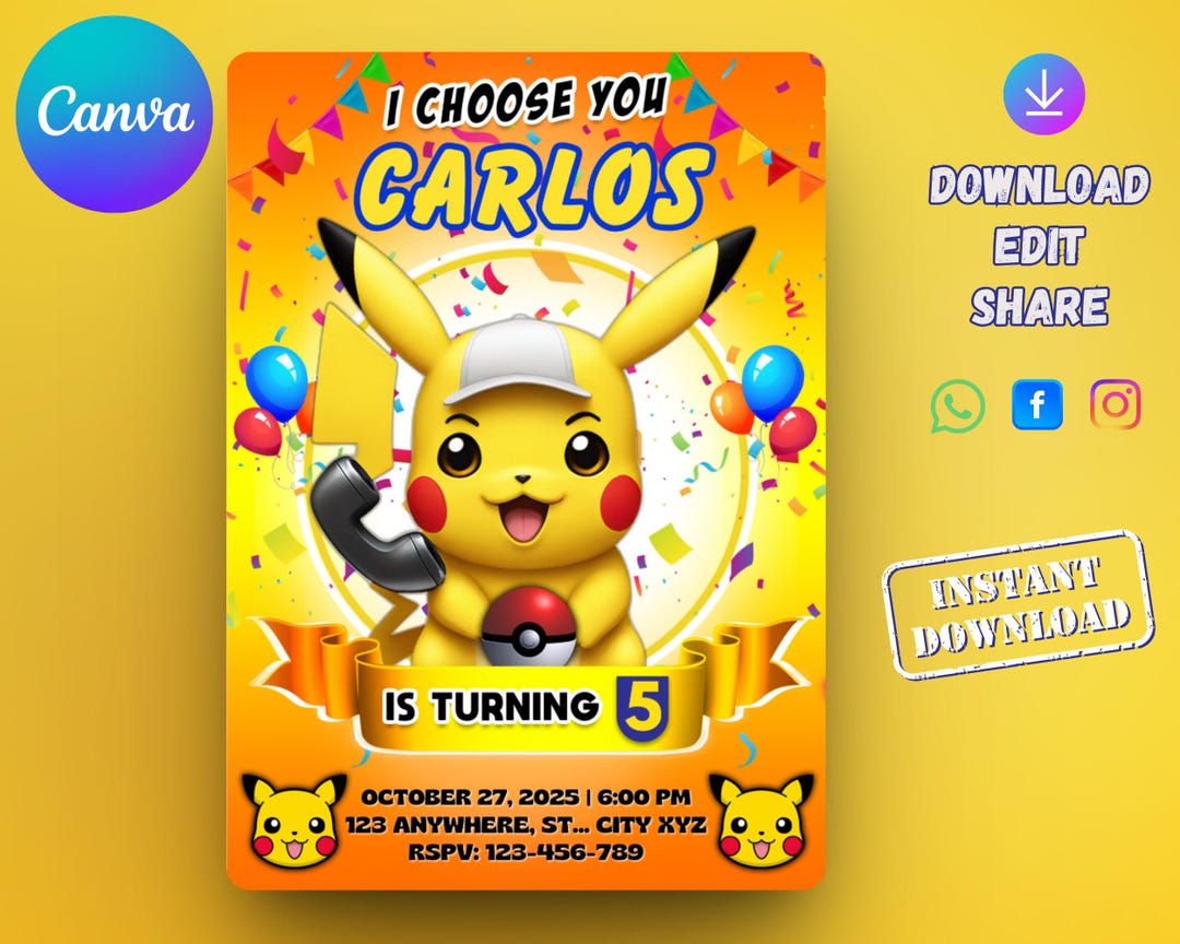 Pikachu Editable and Printable Birthday Invitation | Awesome Pokemon ...