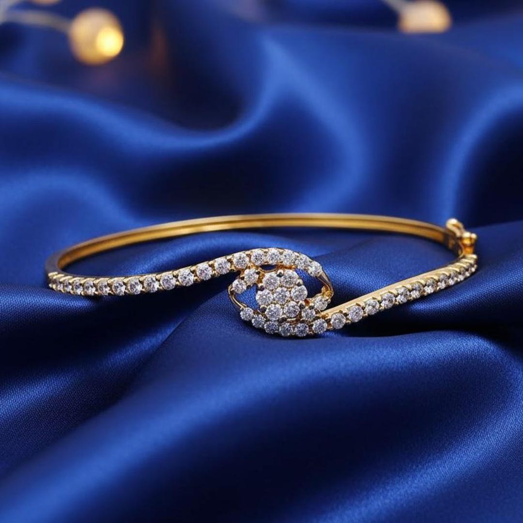 Lavish Flower Accented Diamond Bangle Bracelet, 14K Gold Plated 925 ...