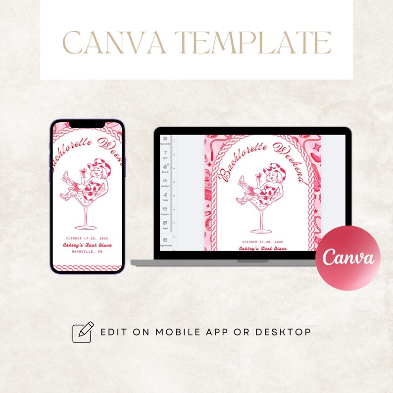 Disco Cowgirl Bachelorette Itinerary – Editable Canva Template – Pink ...