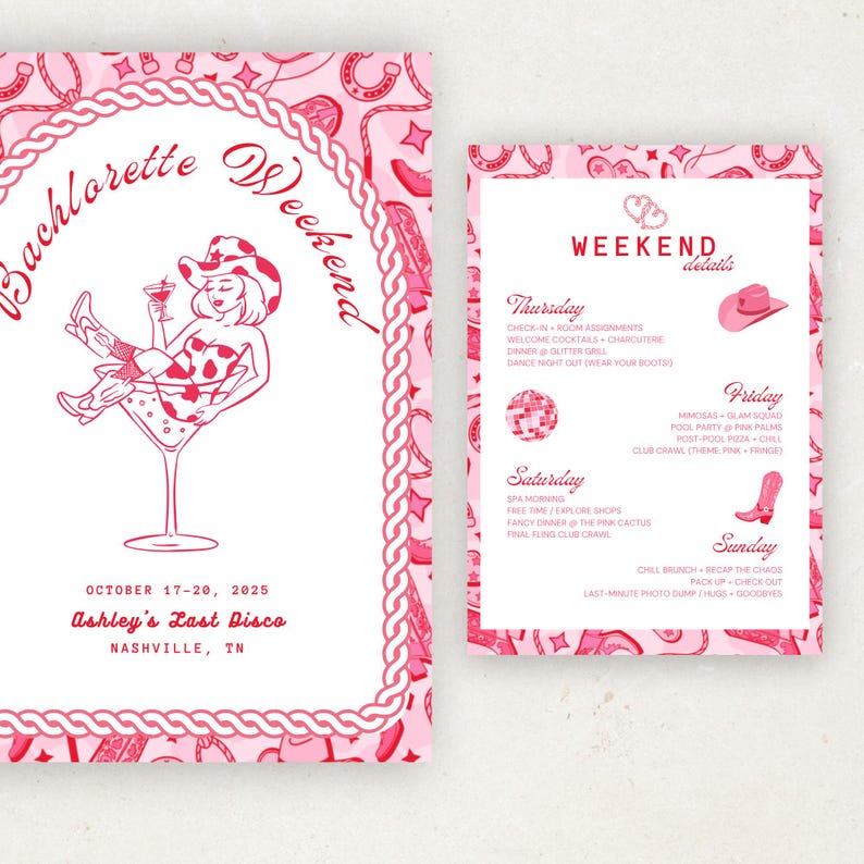 Disco Cowgirl Bachelorette Itinerary – Editable Canva Template – Pink ...