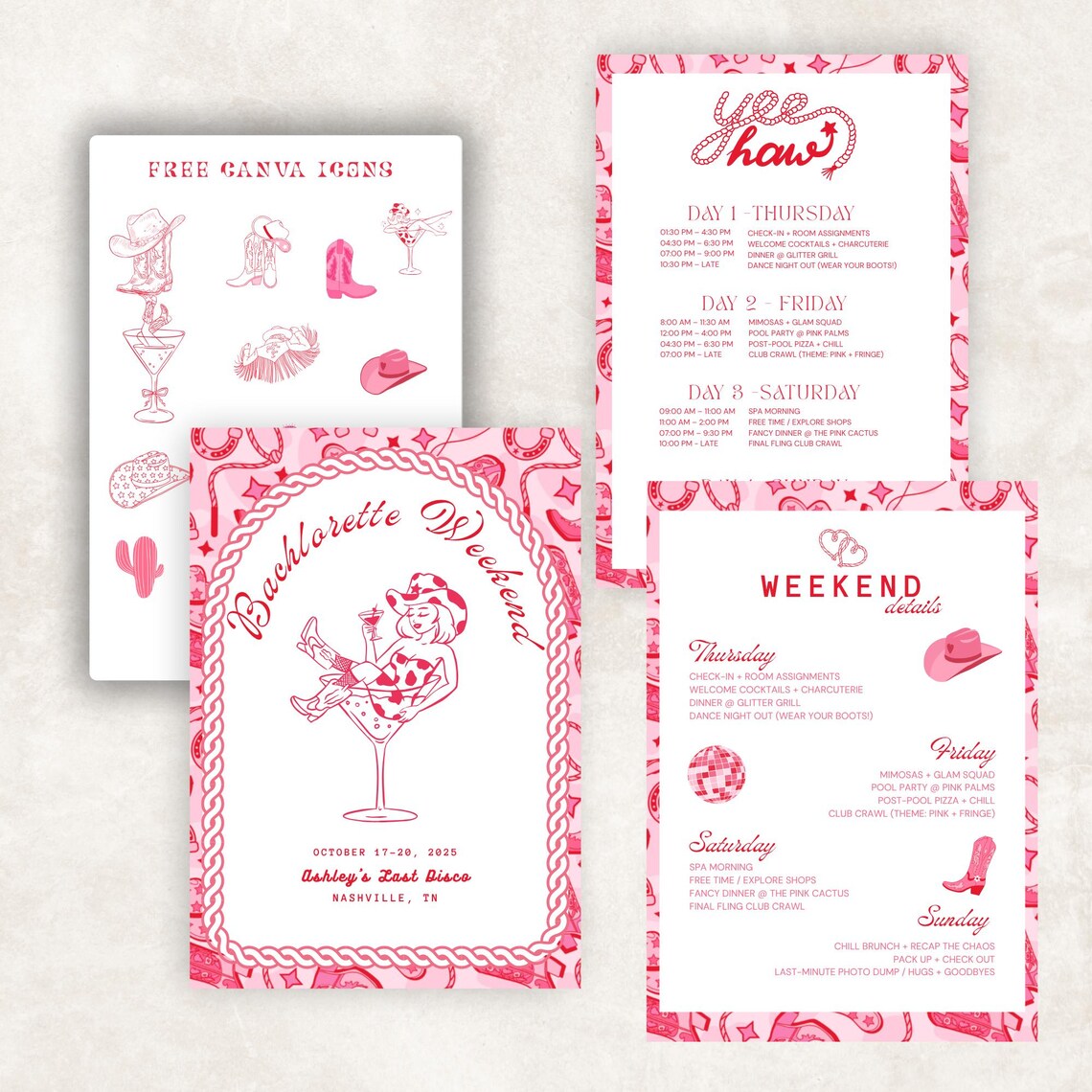 Disco Cowgirl Bachelorette Itinerary – Editable Canva Template – Pink ...