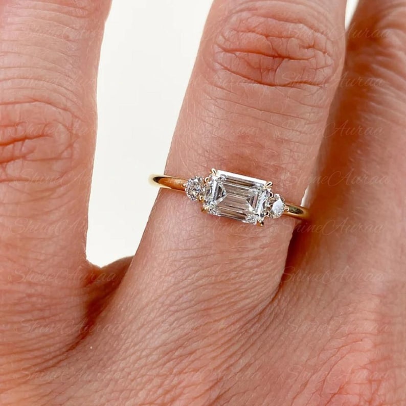 1 CT Emerald Cut East to West Solitaire Engagement Ring Three Stone ...