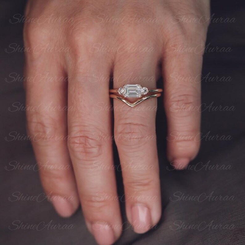 1 CT Emerald Cut East to West Solitaire Engagement Ring Three Stone ...