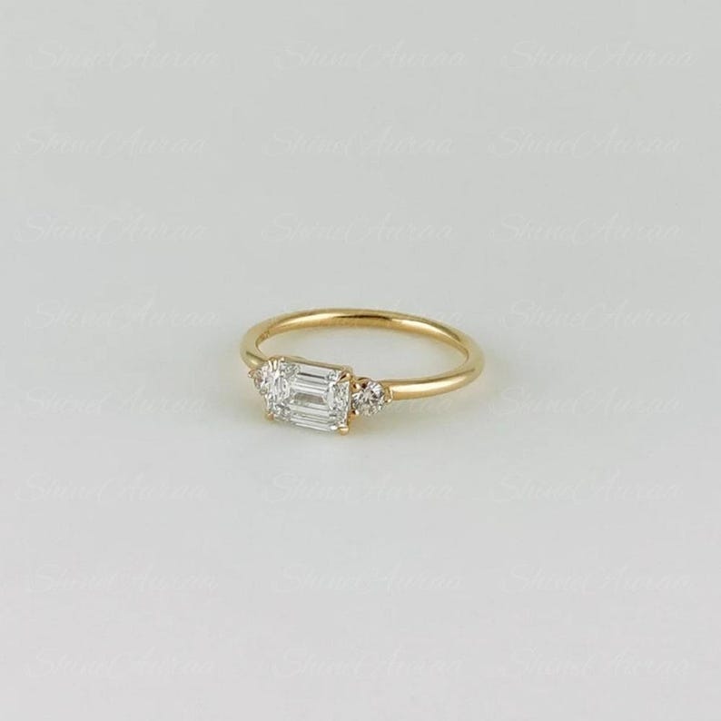 1 CT Emerald Cut East to West Solitaire Engagement Ring Three Stone ...