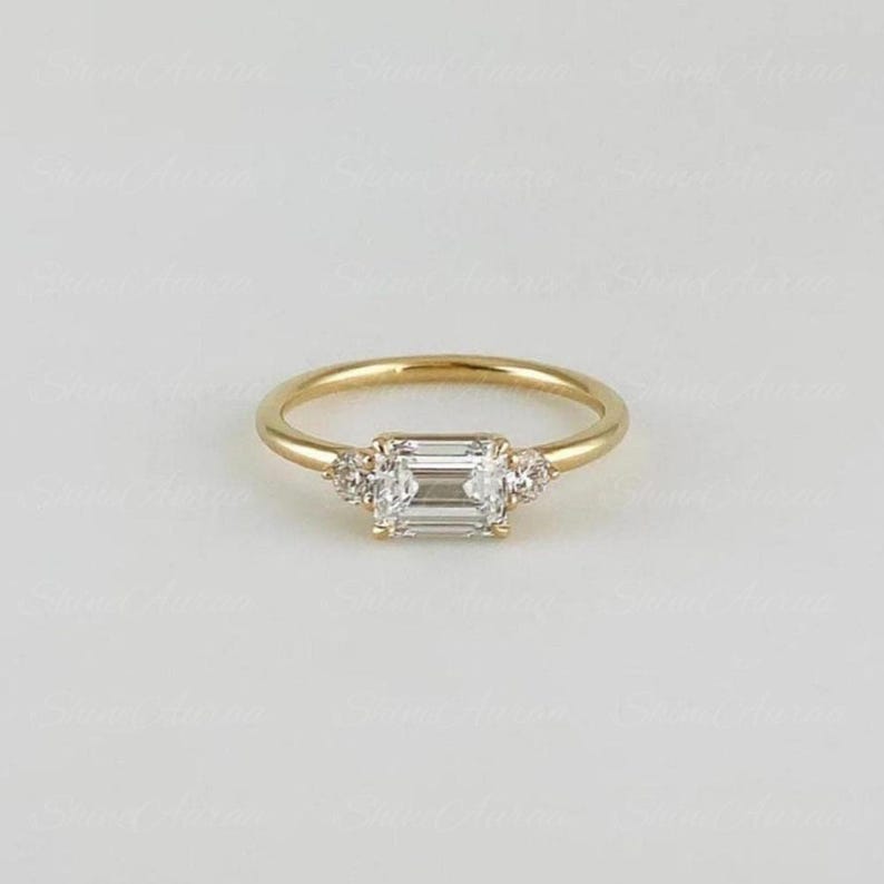 1 CT Emerald Cut East to West Solitaire Engagement Ring Three Stone ...