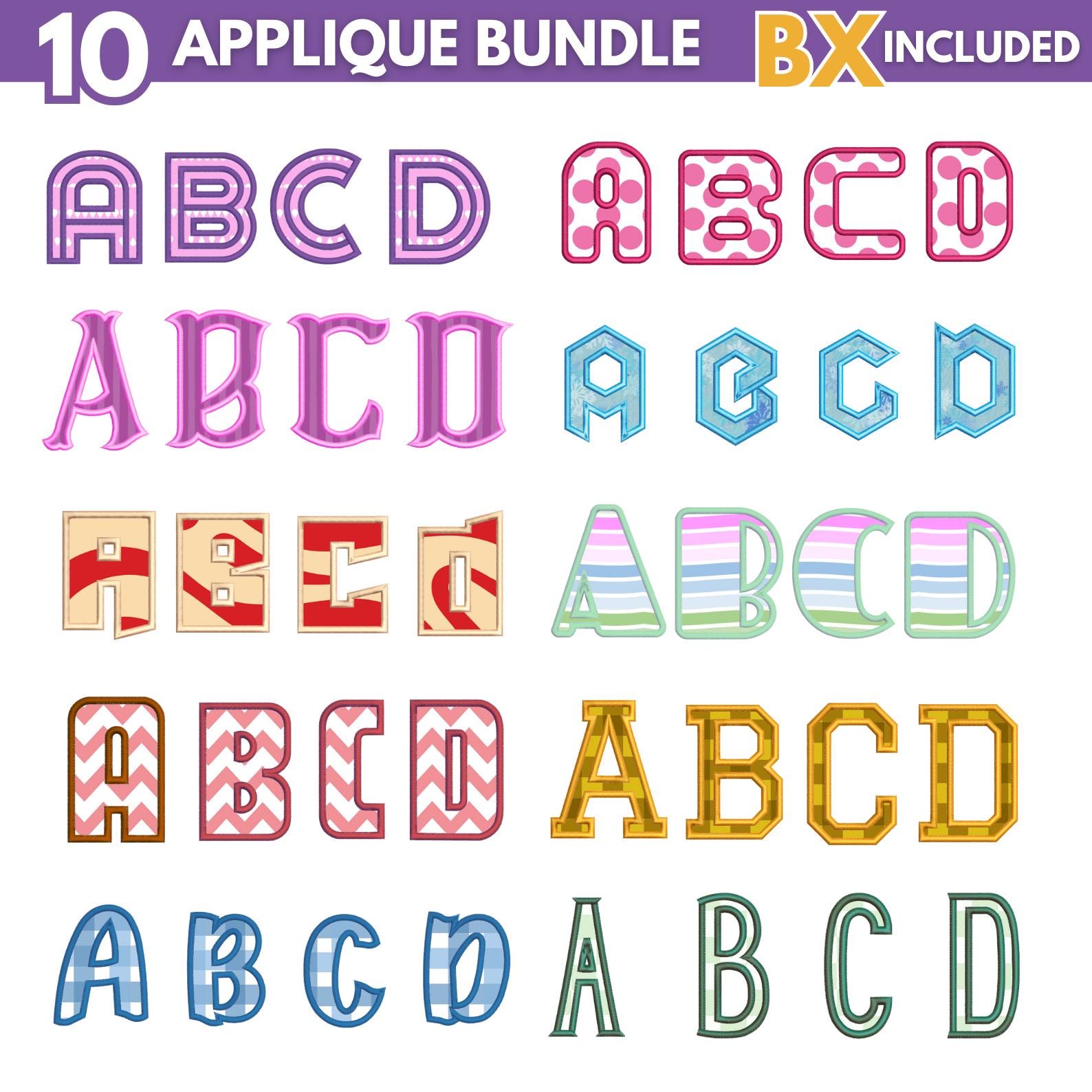 Applique Embroidery Font, 10 Alphabet Bundle (bx, Pes, Jef, Vp3, Dst ...