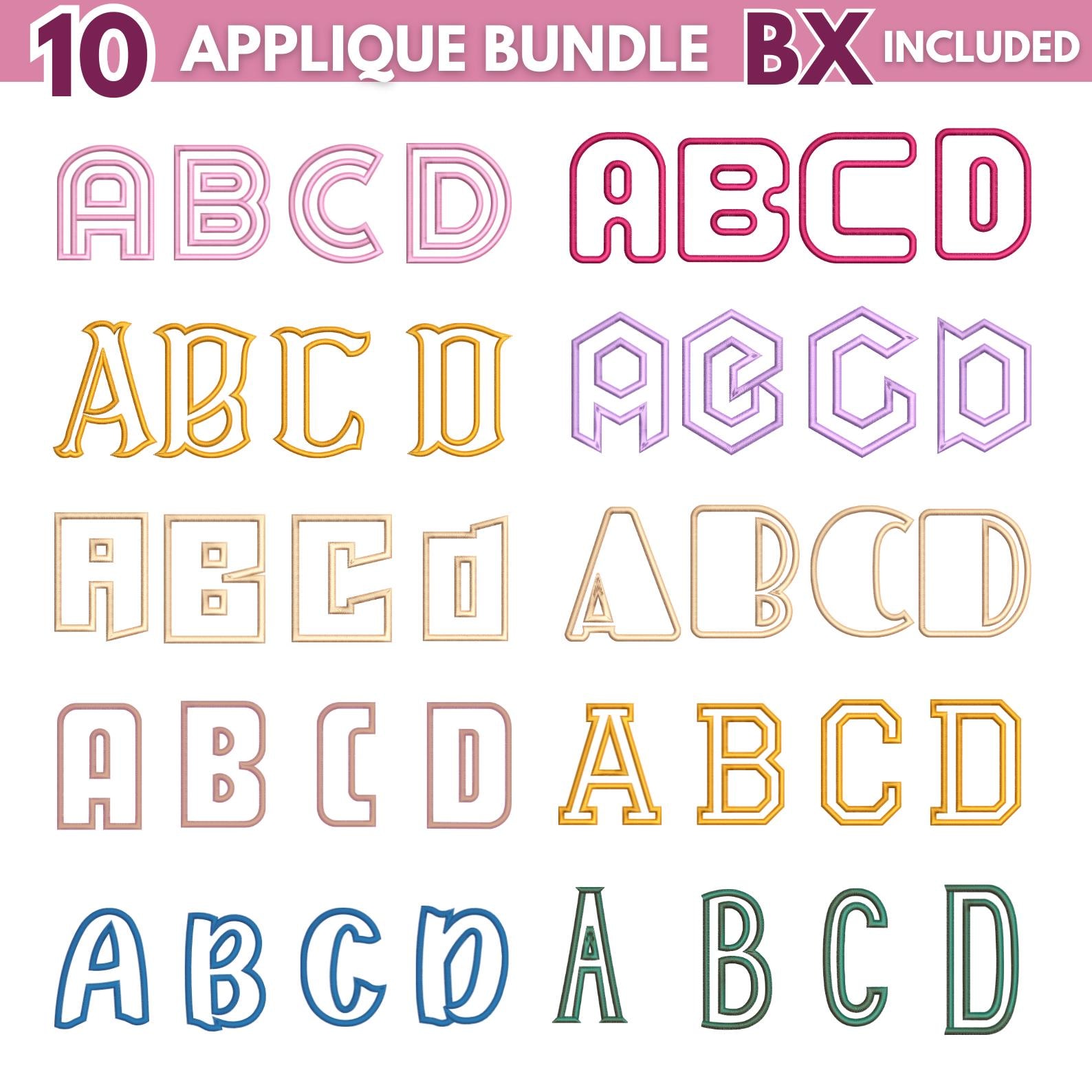 Applique Embroidery Font, 10 Alphabet Bundle (bx, Pes, Jef, Vp3, Dst ...