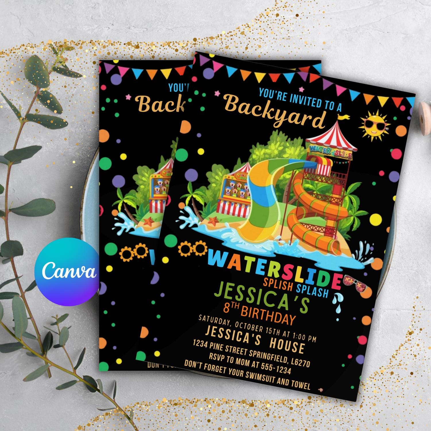 Editable Waterslide Birthday Invitation, Water Slide Invitation, Summer ...