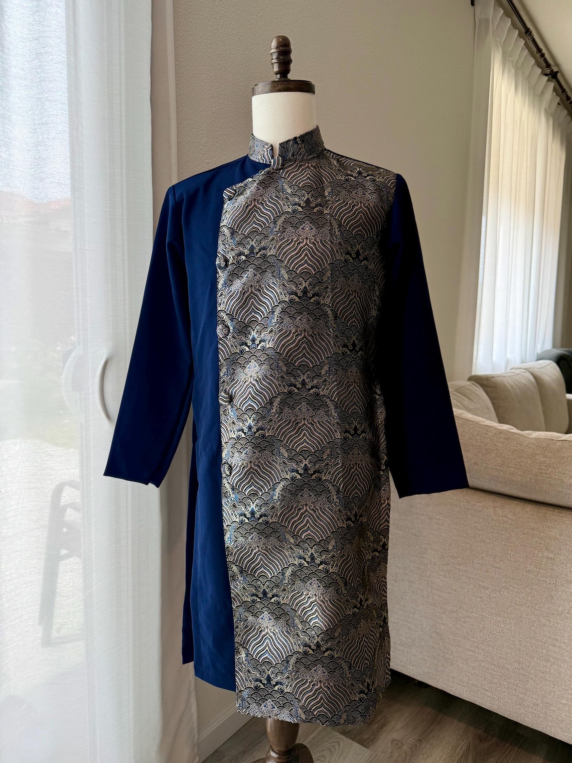 Navy Men's Ao Dai: Brocade Detail, Viet Nam Wedding Attire - Etsy