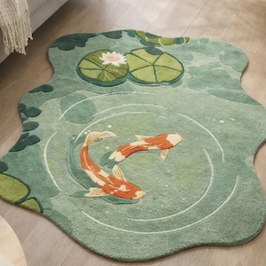 Hand Tufted Koi Fish Pond Rug, Handmade Irregular Wool Area Rug for ...