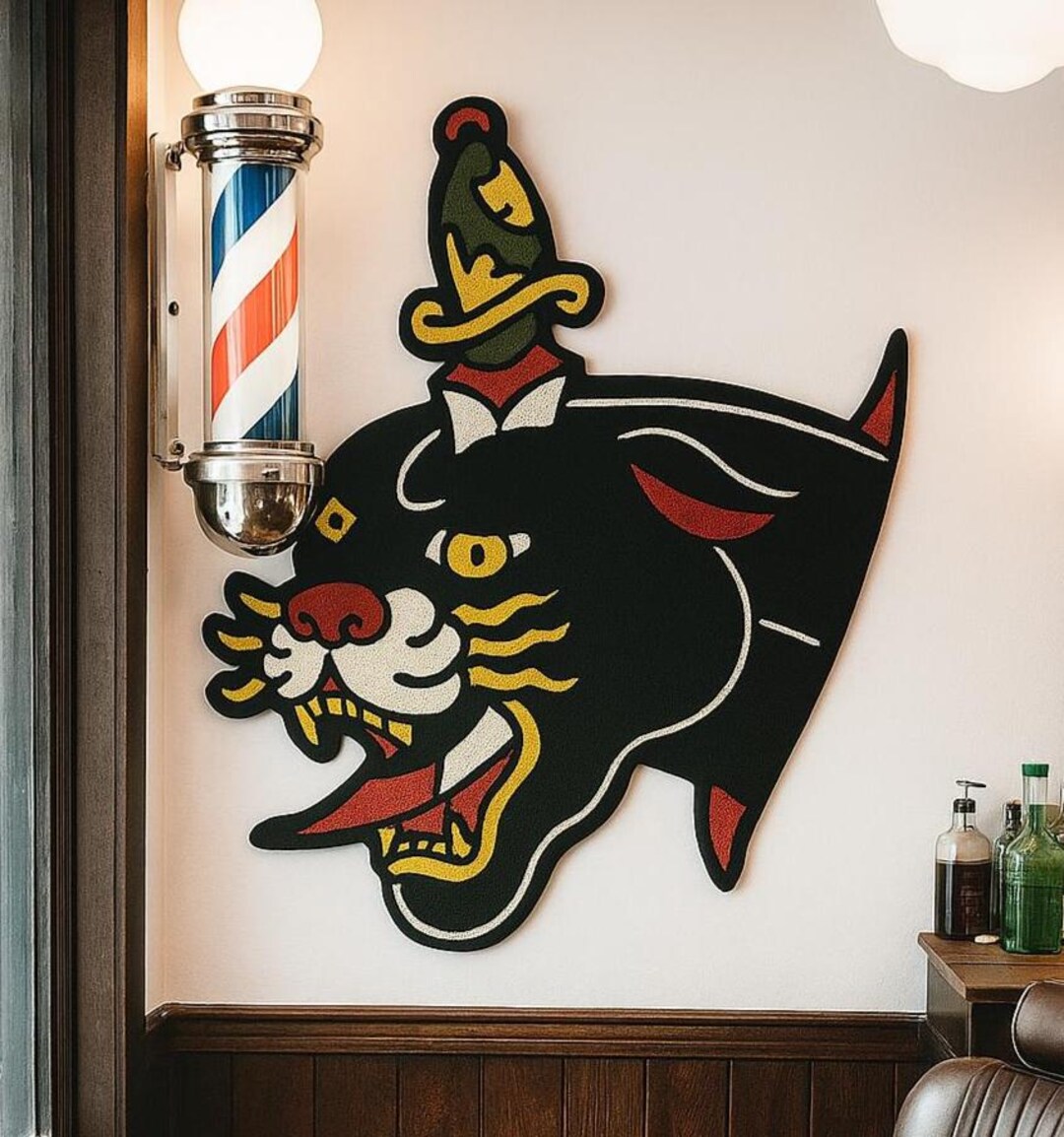 Tattoo Panther Head Rug With Dagger, Handmade Tufted Rug, Bold Wall Rug ...