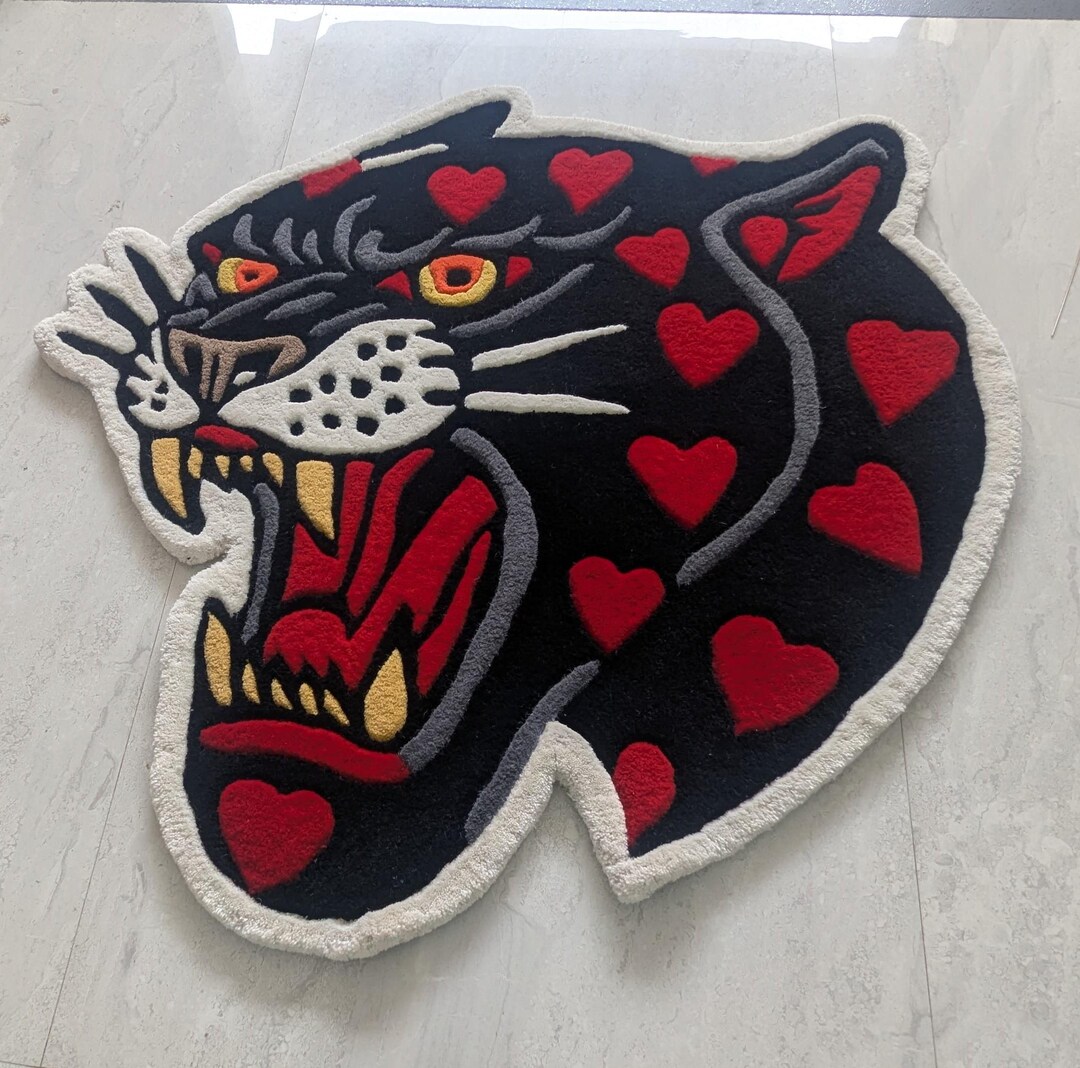 Hand Tufted Wool Panther Head Rug – Tattoo Style Black and Red - Etsy