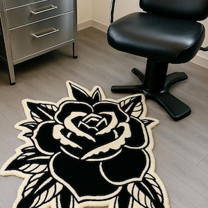 Blackwork Rose Tattoo Rug: Hand Tufted Floral Carpet for Tattoo Studio ...