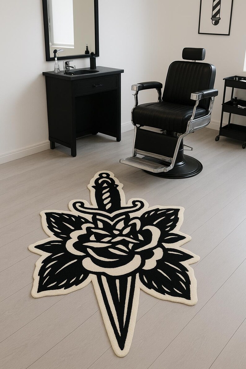 Dagger Blackwork Rose Tattoo Rug – Handmade Tufted Black and White ...