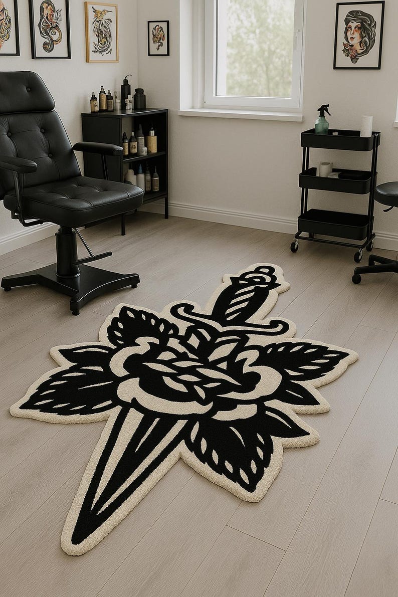 Dagger Blackwork Rose Tattoo Rug – Handmade Tufted Black and White ...