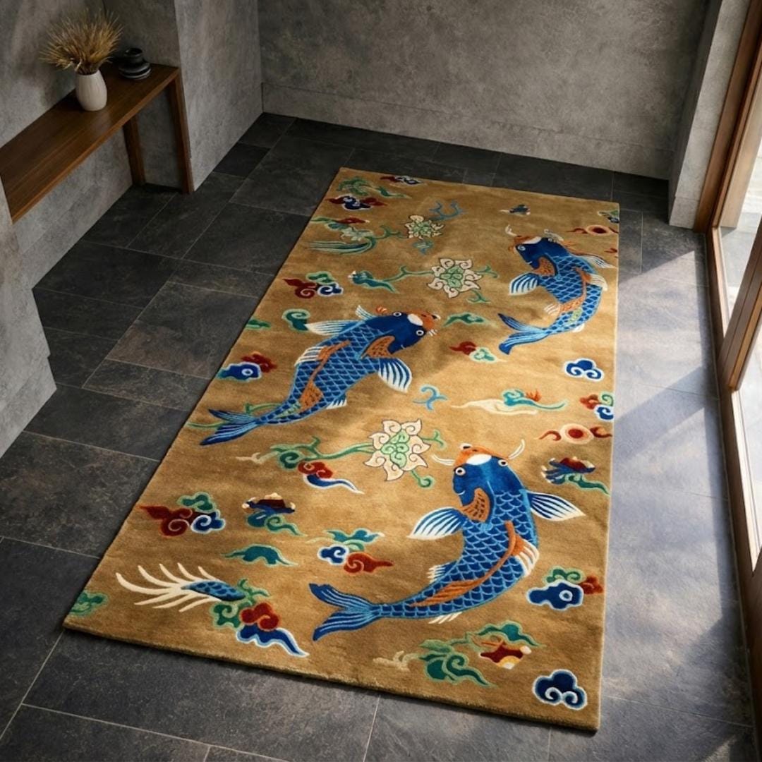 Koi Fish Rug, Hand Tufted Wool Rug, Tibetan Style Living Room Rug ...