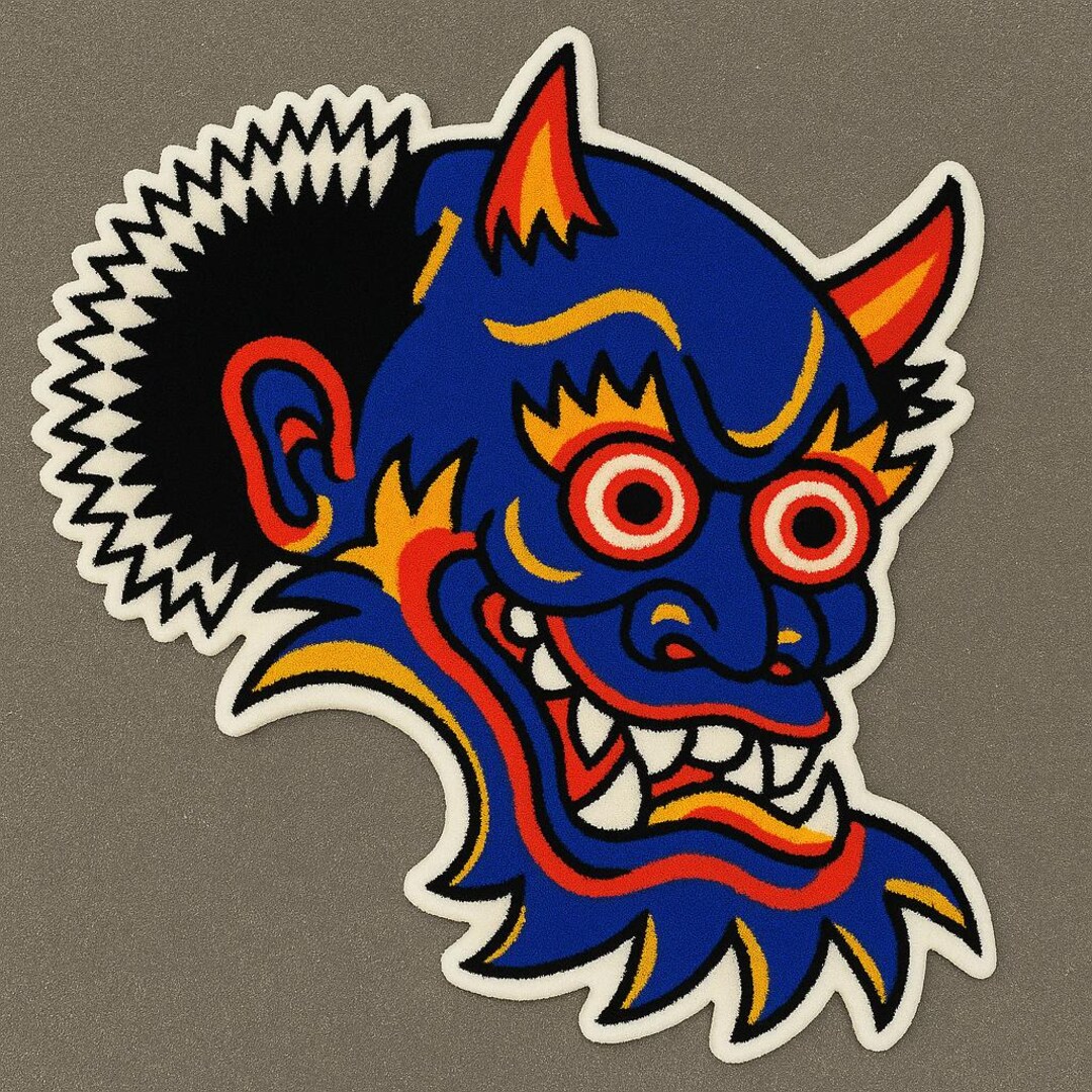 Oni Face Rug – Japanese Tattoo Inspired Blue Demon Carpet, Hand Tufted ...