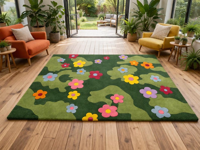 Tufted Moss Rug With Flowers, 3D Green Moss Area Rug, Daisy Floral ...