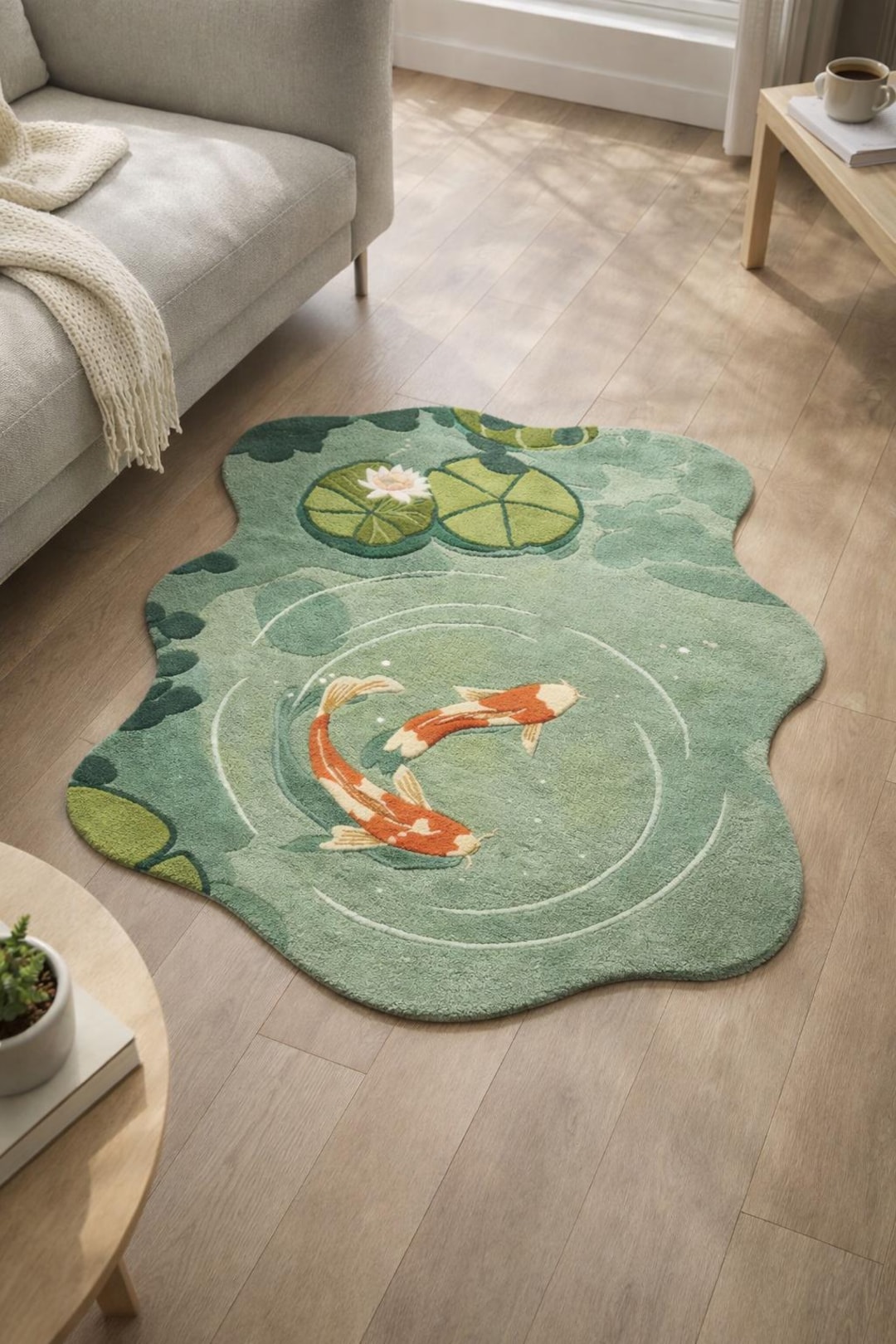Hand Tufted Koi Fish Pond Rug, Handmade Irregular Wool Area Rug for ...