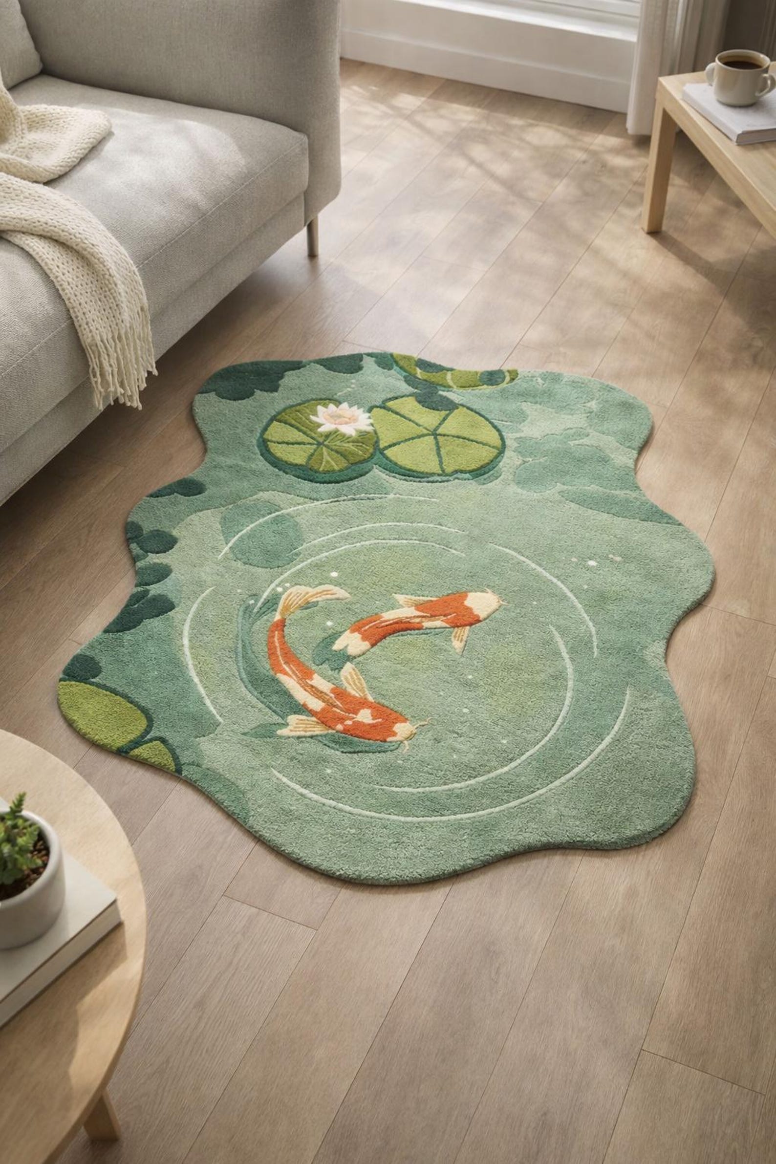 Hand Tufted Koi Fish Pond Rug, Handmade Irregular Wool Area Rug for ...