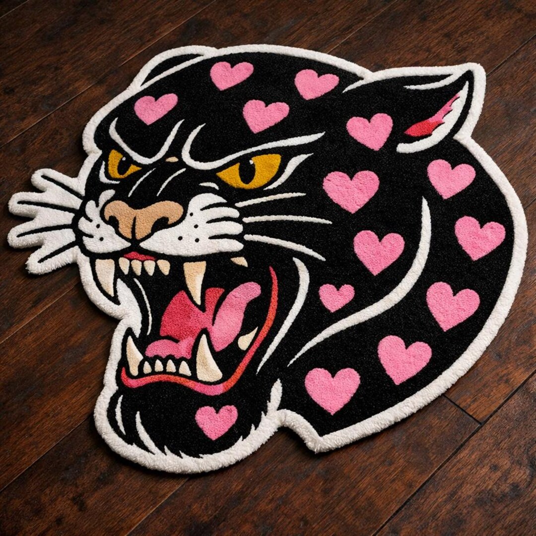 Panther Head Rug ,traditional Tattoo Rug Black Panther Orange Heart ...