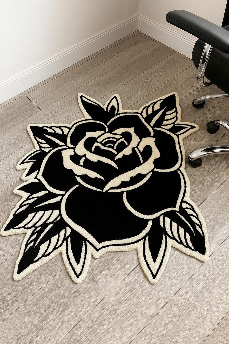 Blackwork Rose Tattoo Rug: Hand Tufted Floral Carpet for Tattoo Studio ...