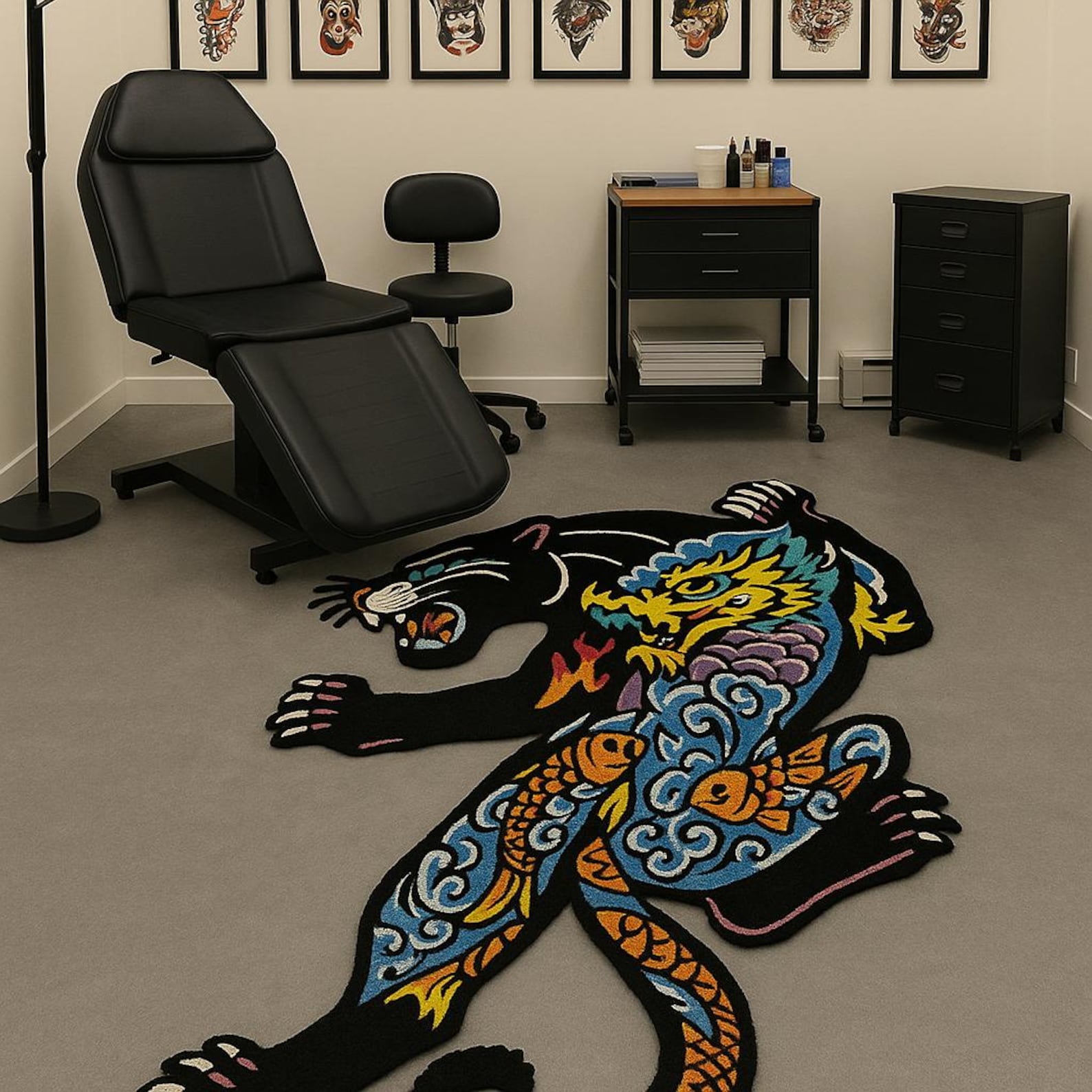 Black Tattoo Rug – Hand Tufted Panther & Dragon Rug – Custom Shaped Black Area Rug – Tattoo ...