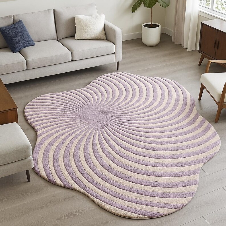 Hand Tufted Area Rug , Irregular Shaped Carpet , Lavender Wool Rug ...