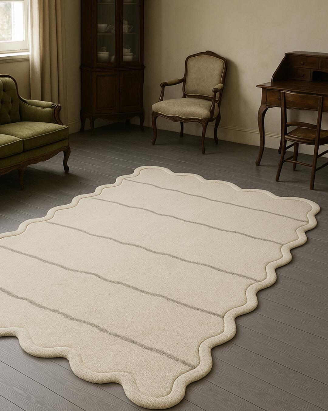 Hand-tufted Wool Rug: Cream & Gray Scalloped Edge, Custom Size - Etsy